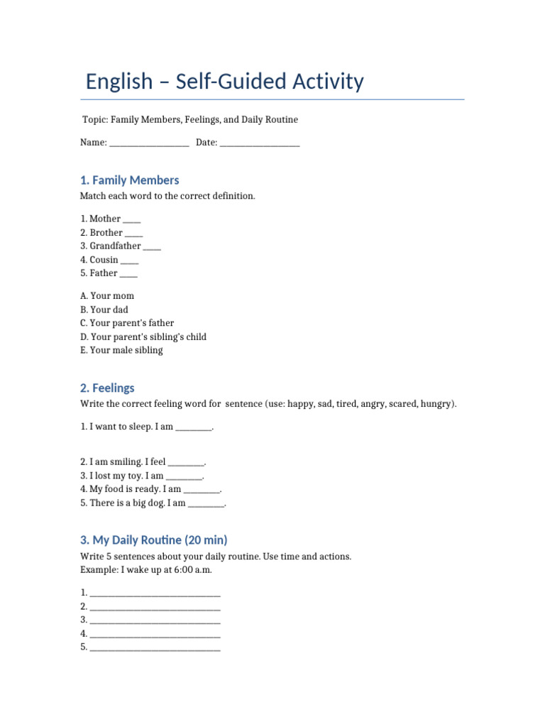 Self Guided Activity Family, Feelings, Routine | PDF