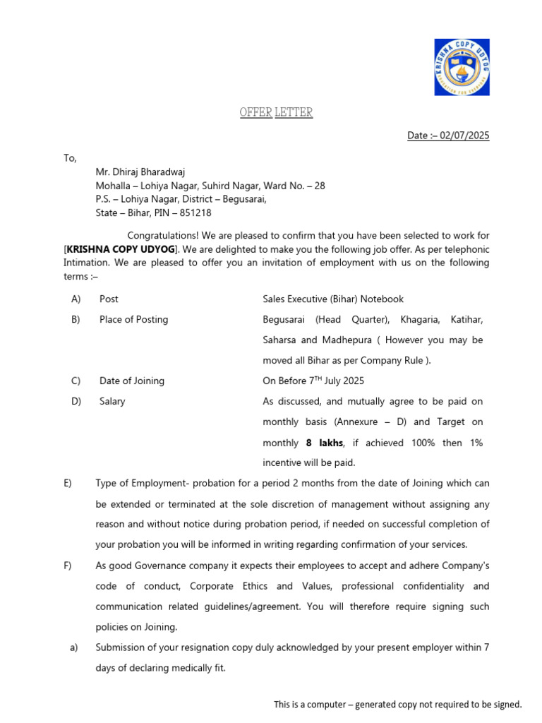 OFFER LETTER Dhiraj Bharadwaj | PDF | Employment | Salary