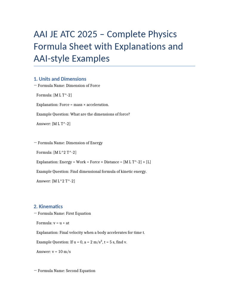 AAI ATC 2025 Physics Formula Guide | PDF