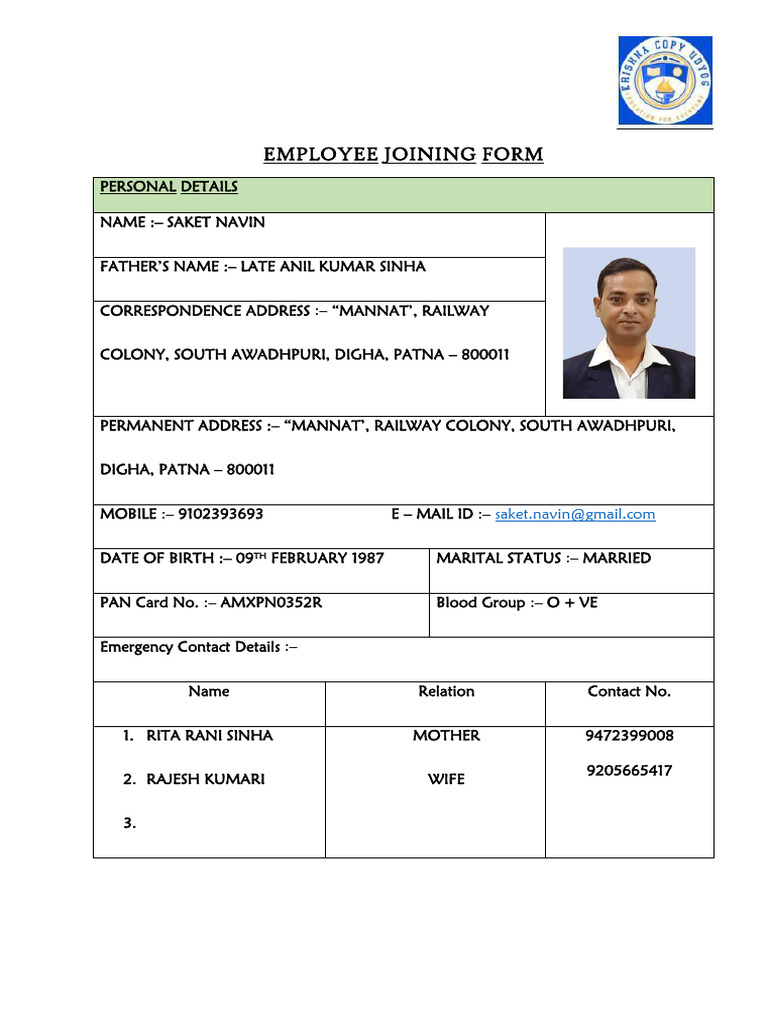 Employee Joining Form Saket Navin | PDF