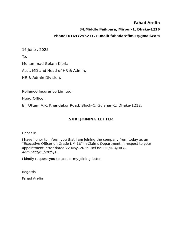 Joining Letter for Executive Officer Position | PDF