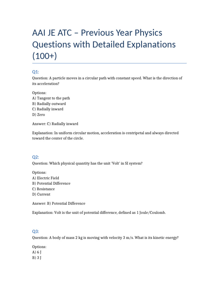 AAI JE ATC Physics Questions Explained | PDF