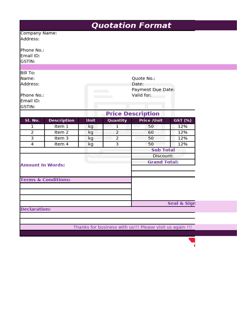 Quotation Format in Excel 19 | PDF