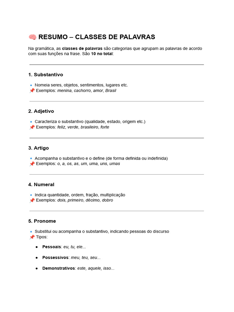 Resumo - Classes de Palavras | PDF