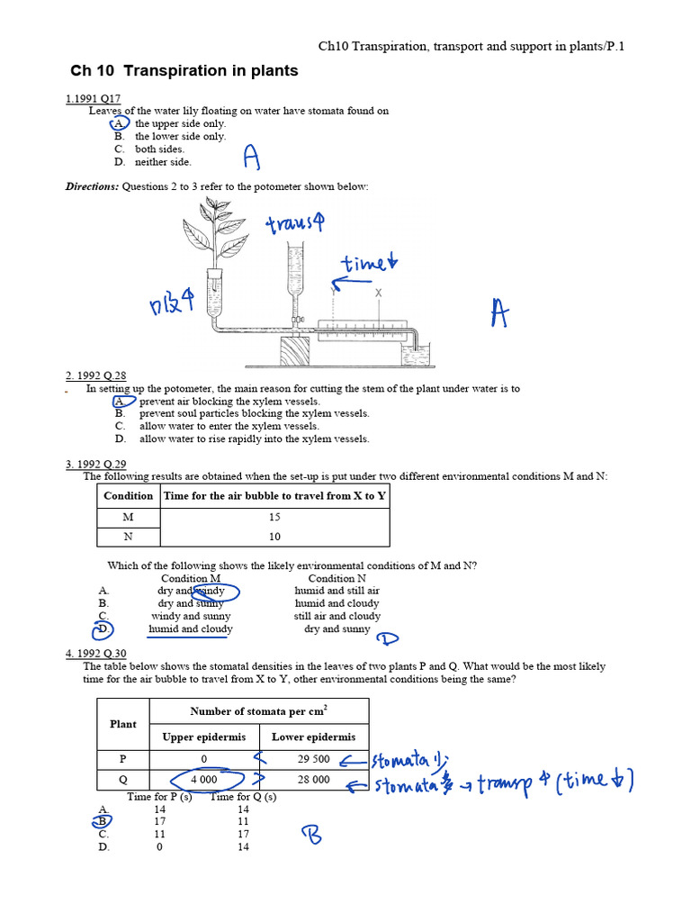 Plant Transpiration and Water Transport Quiz | PDF | Stoma | Leaf