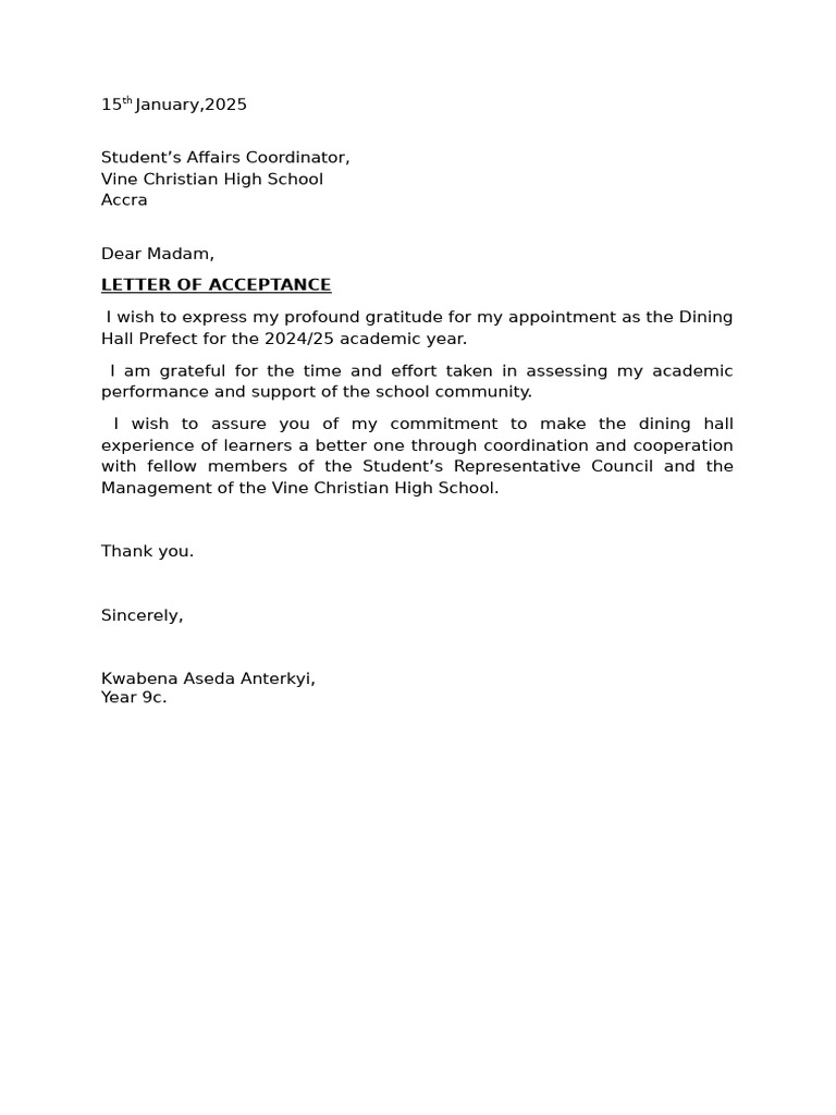 Acceptance Letter for Dining Hall Prefect | PDF