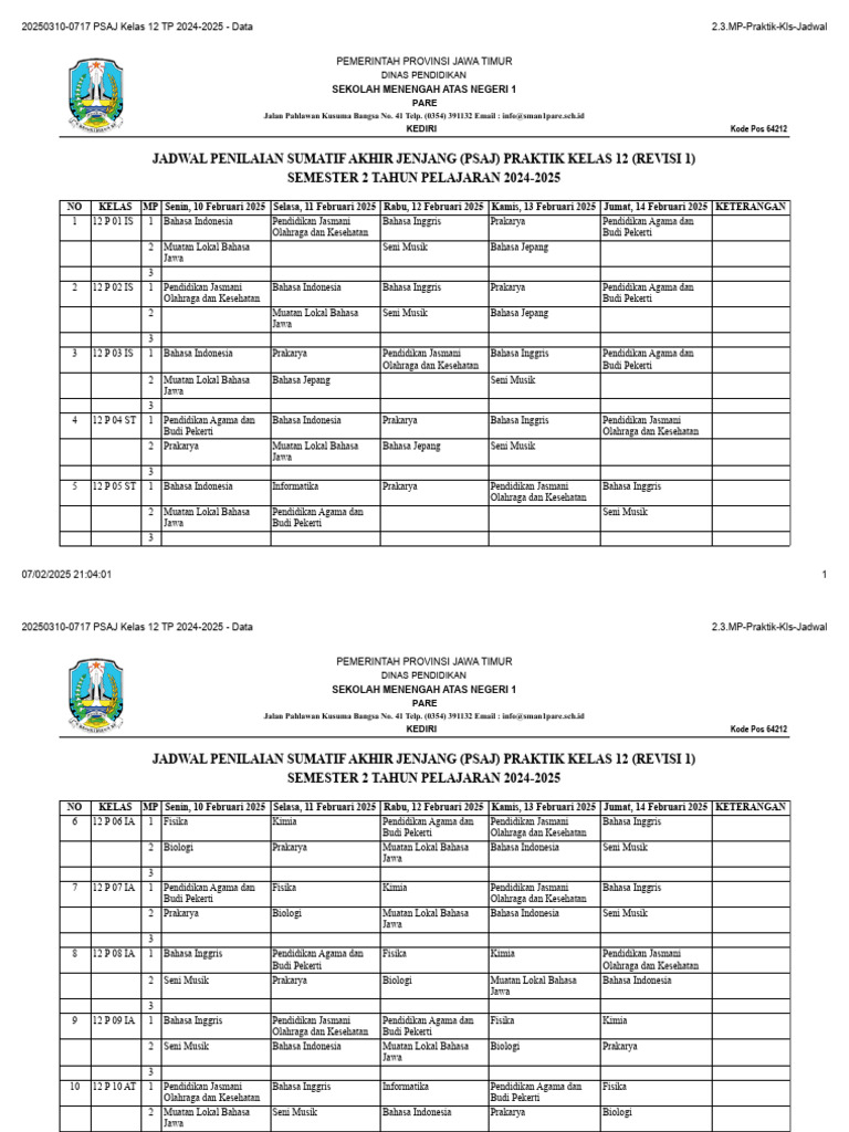 20250310-0717 PSAJ Kelas 12 TP 2024-2025 - Data - 2.3.MP-Praktik-Kls-Jadwal Rev 1 | PDF