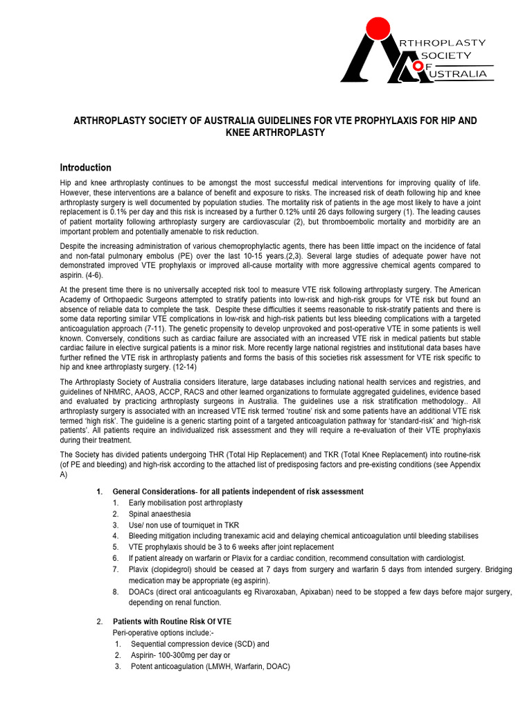 Asa Guidelines For Vte Prophylaxis For Hip and Knee Arthroplasty ...