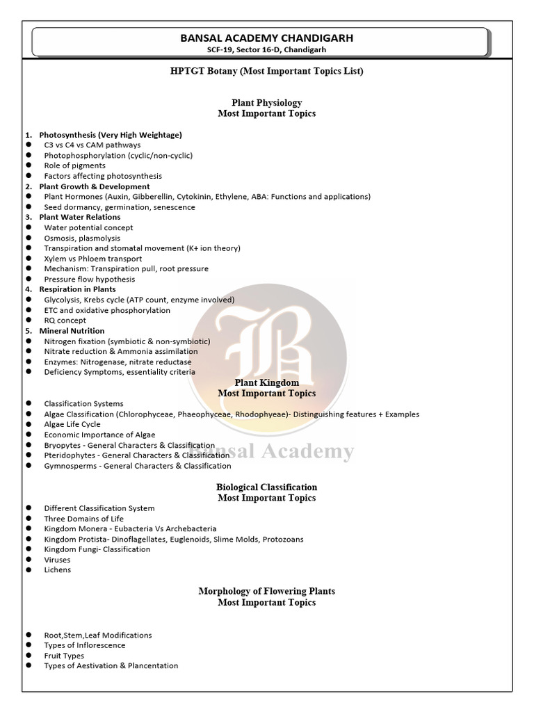 HPTGT Botany Important Topics | PDF | Cell (Biology) | Flowers
