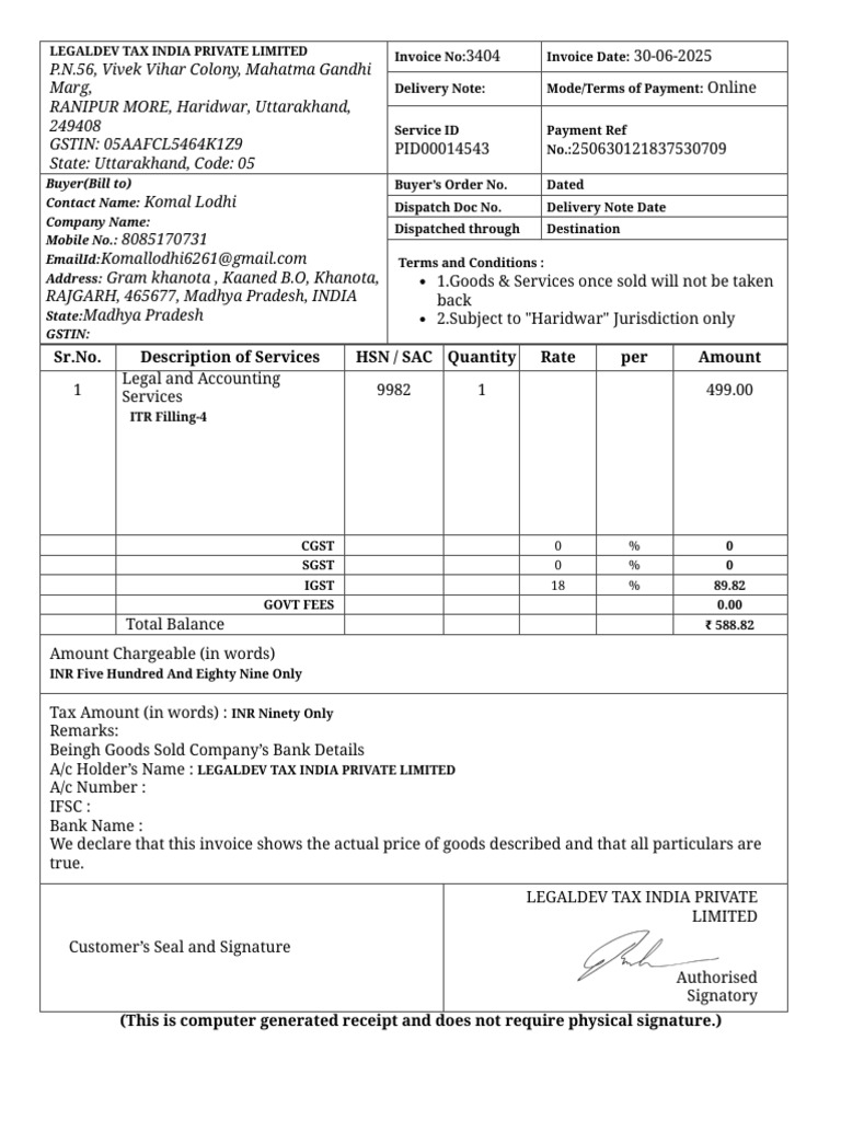 LegalDev Tax India Invoice Summary | PDF | Invoice | Government Finances