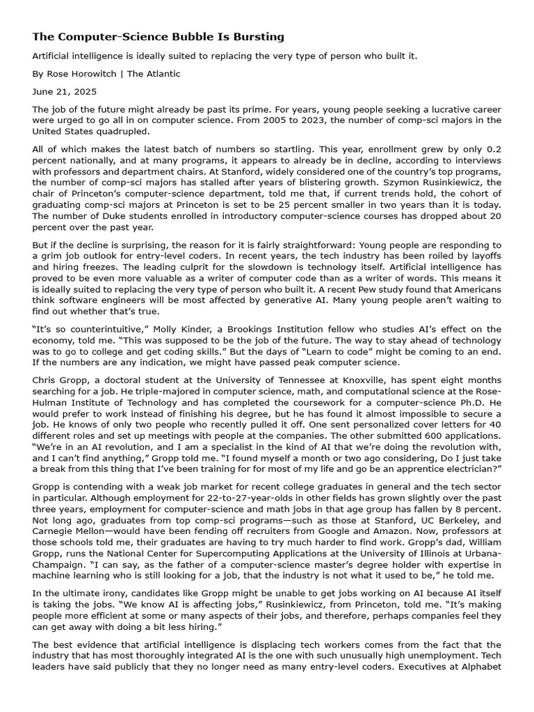 The Computer-Science Bubble Is Bursting - The Atlantic | PDF ...