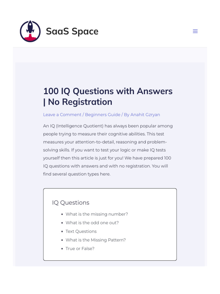 100 IQ Questions and Answers Guide | PDF | Intelligence Quotient