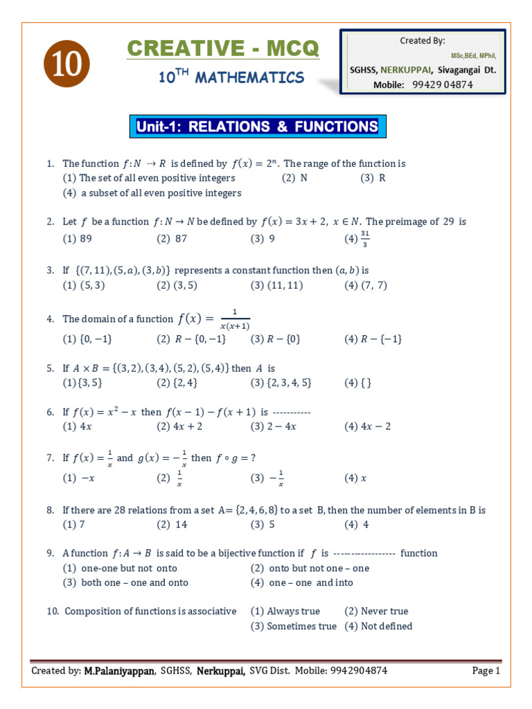 10 TH Maths Creative One Mark Qurstion English Mediumhg A Lot More To ...