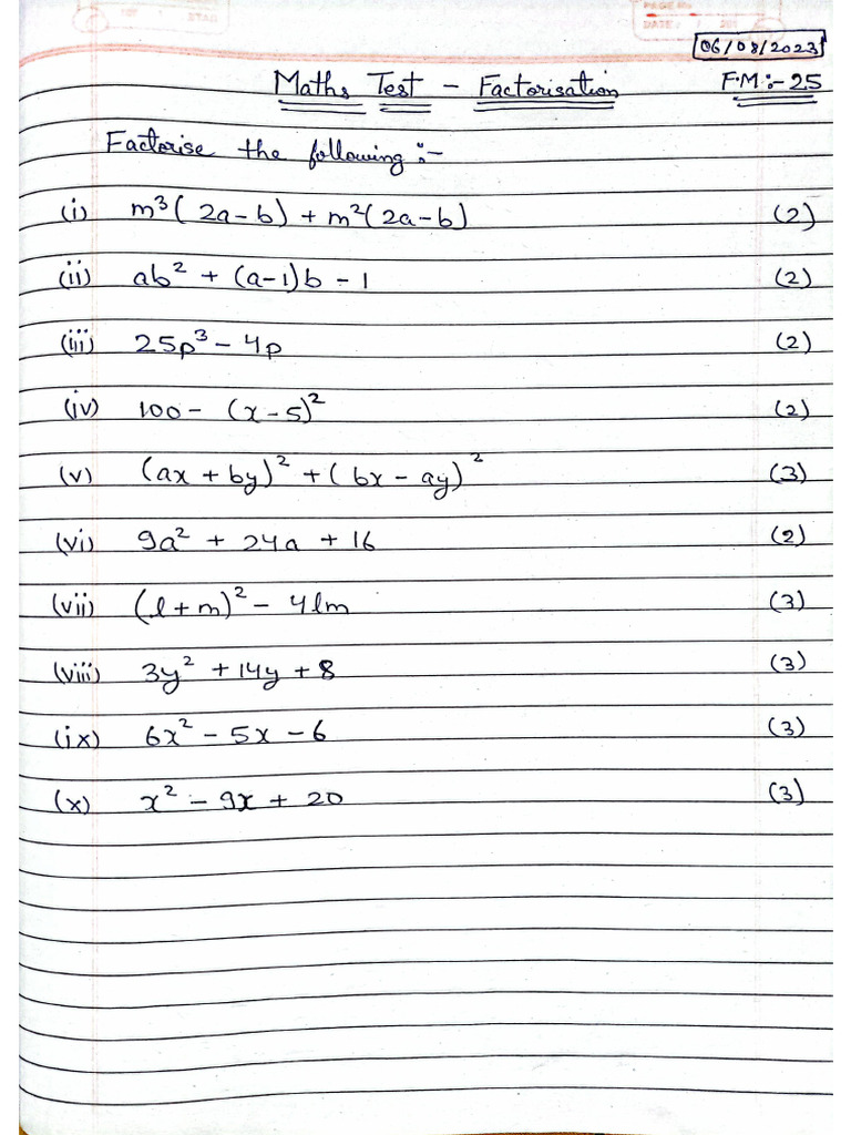 Maths Test (Factorisation) | PDF