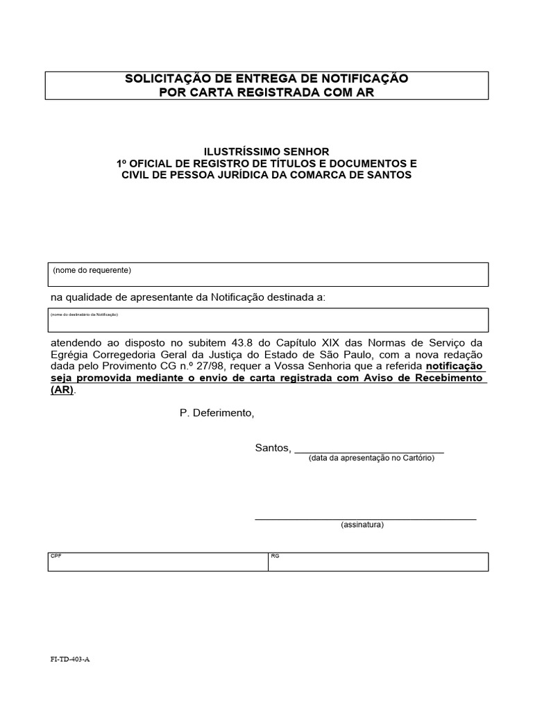 Solicitação de Notificação por Carta AR | PDF