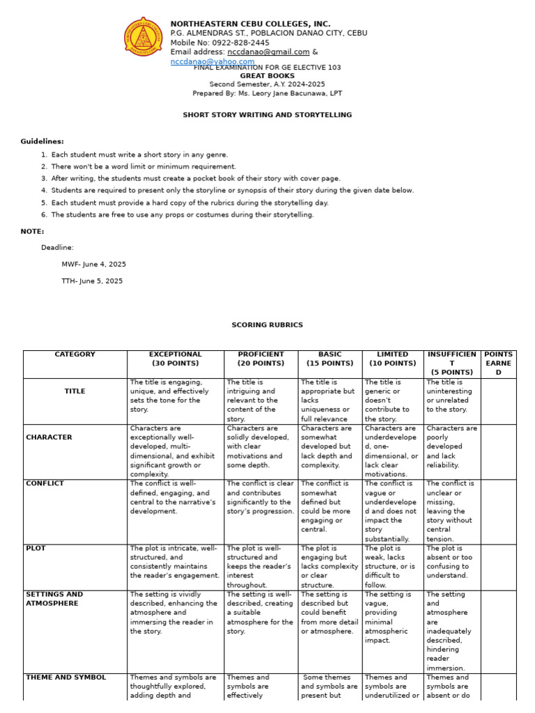 Short Story Writing and Storytelling Rubrics (Ge Elective 103) | PDF
