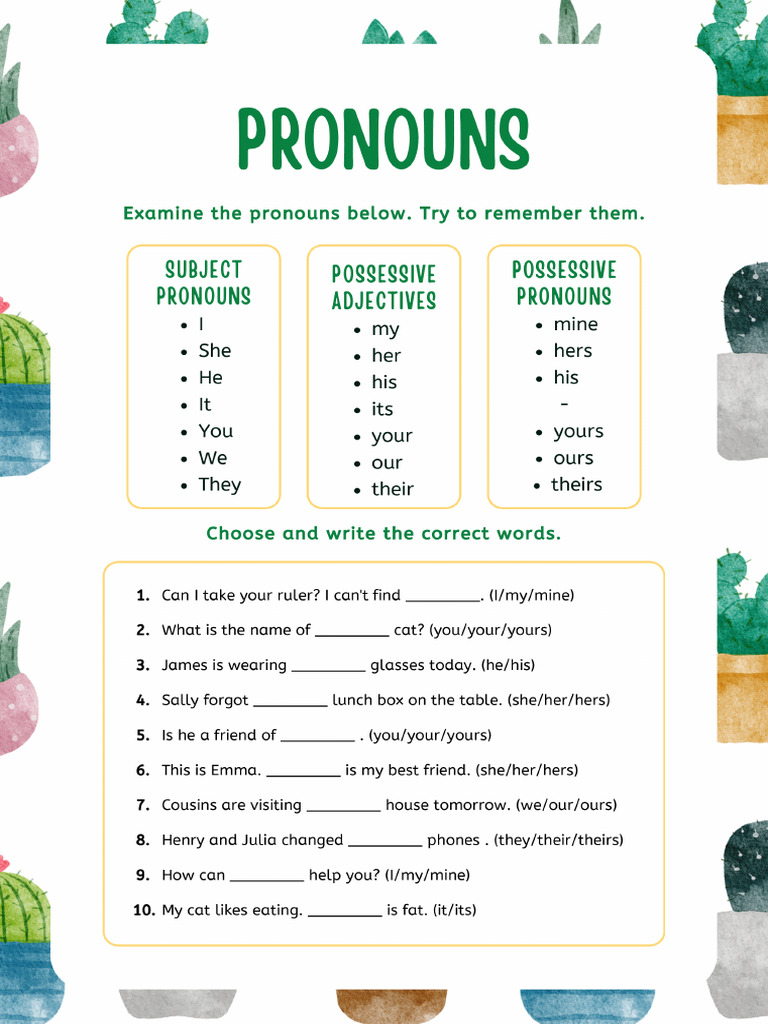 Green White Basic Pronouns English Worksheet | PDF