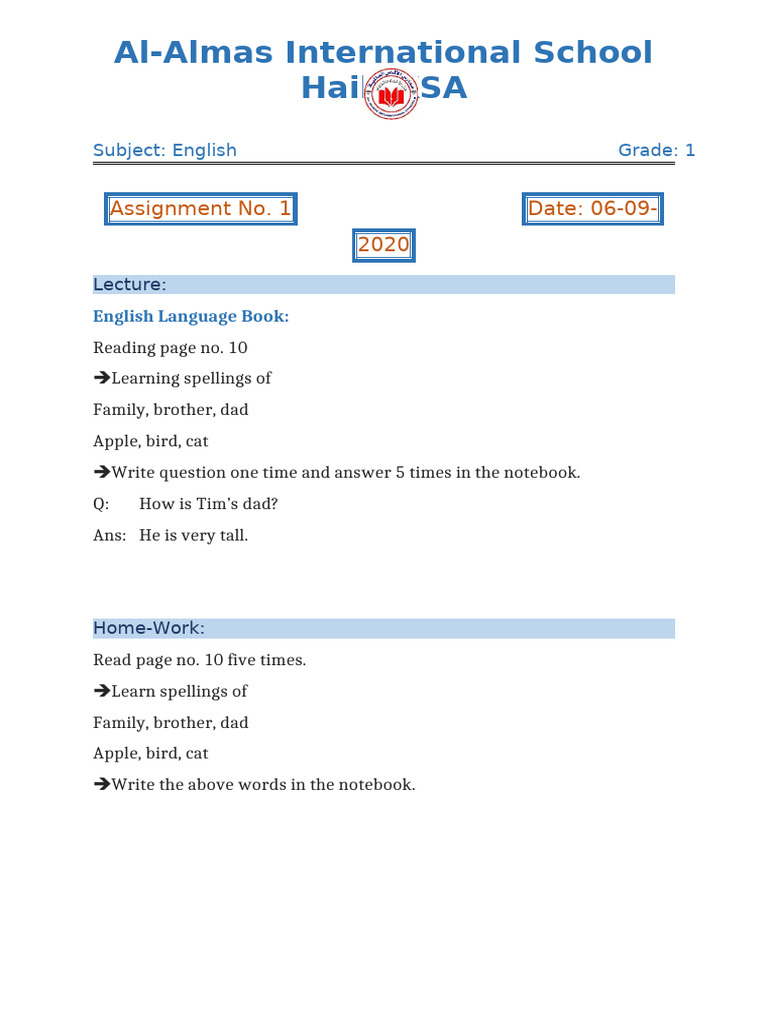 Assignments English Grade 1 | PDF | English Language | Subject (Grammar)