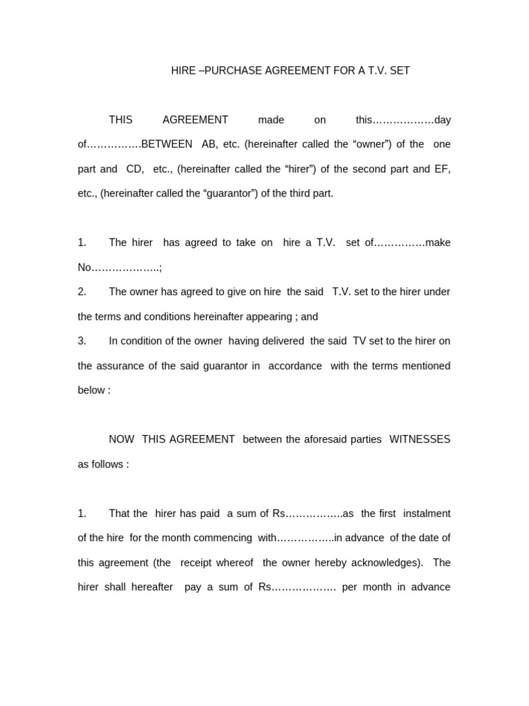 Hire Purchase Agreement for T.V. Set | PDF | Business Law | Common Law