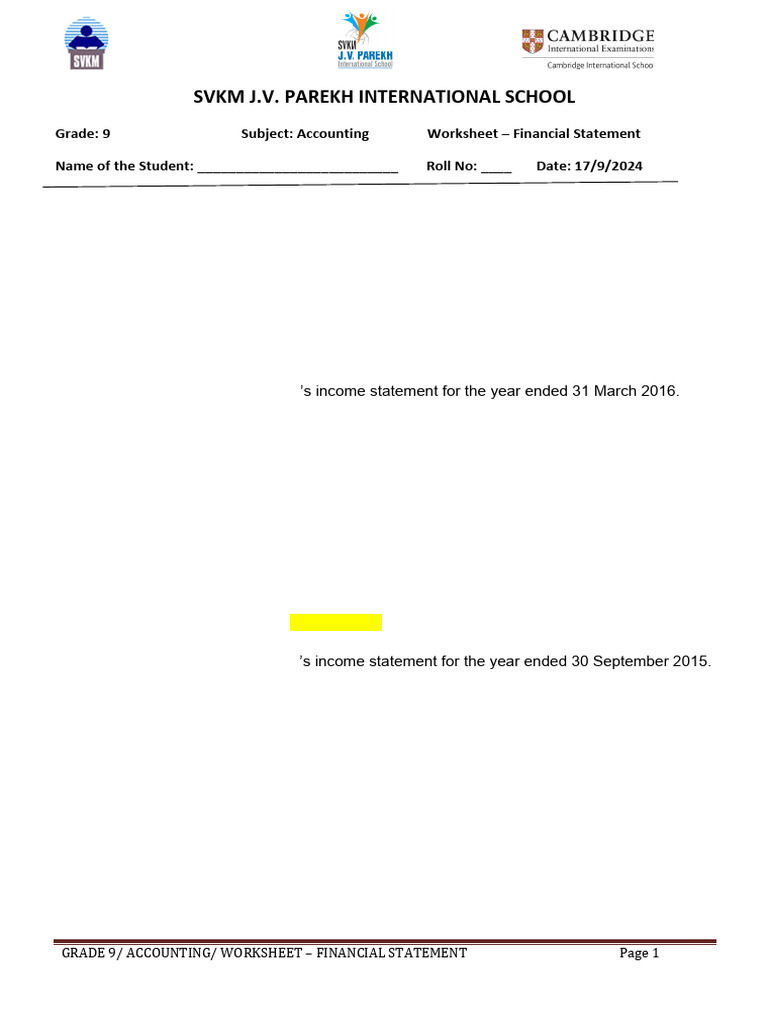Grade 9 Accounting Financial Statements Worksheet | PDF | Revenue | Expense