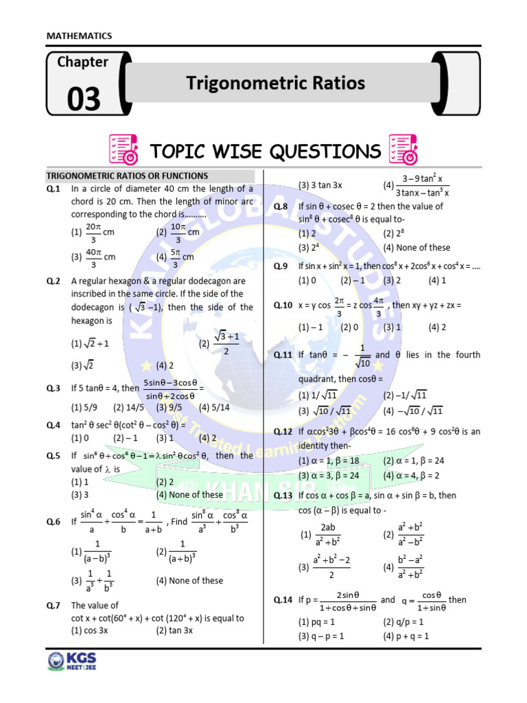 Trigonometric Ratios: Topic Wise Questions | PDF | Trigonometric ...