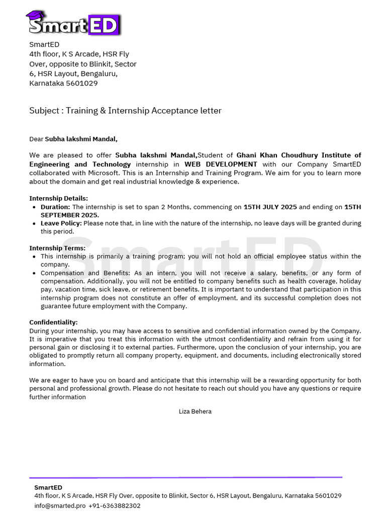 Internship Acceptance Letter for Web Development | PDF | Internship ...