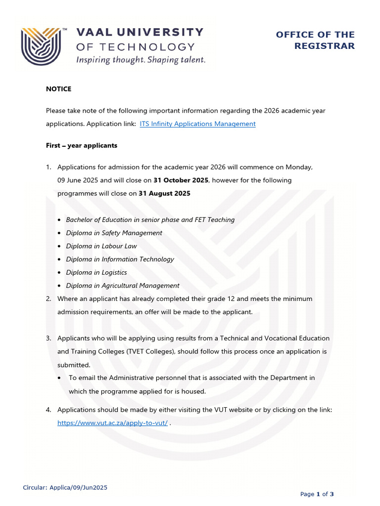 VUT 2026 Application Information | PDF | Vocational Education ...