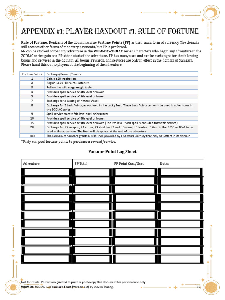 Fortune Points Form Fillable | PDF