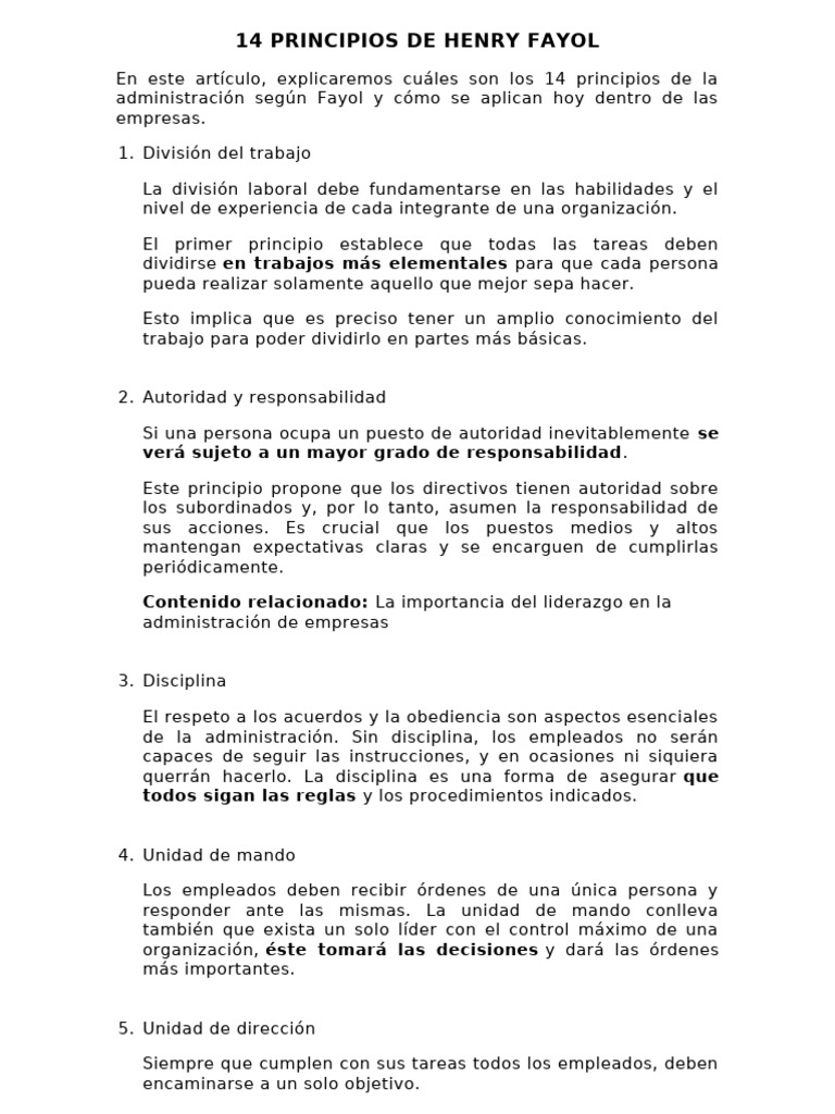 14 Principios de Henry Fayol | PDF | Liderazgo | Business