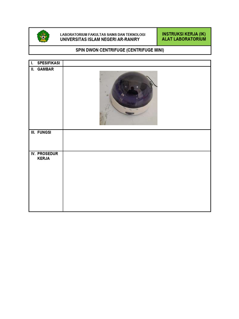 Prosedur Penggunaan Spin Down Centrifuge | PDF