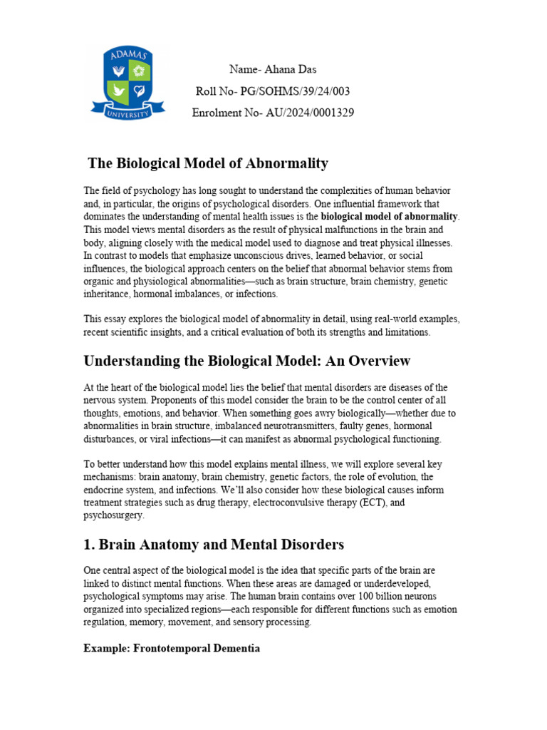 Biological Model of Abnormality Ahana Das 003 | PDF | Mental Disorder ...