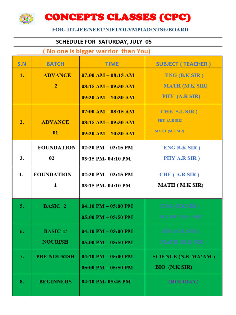 Concepts Classes Schedule 05 July | PDF