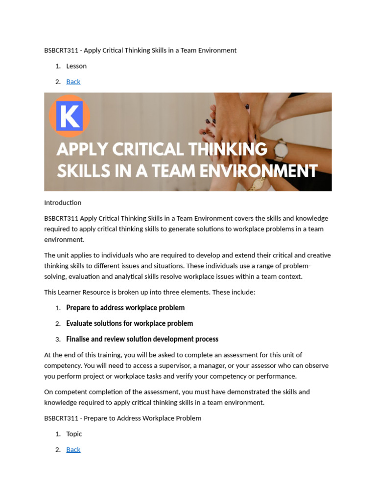 Apply Critical Thinking Skills in A Team Environment | PDF | Critical ...