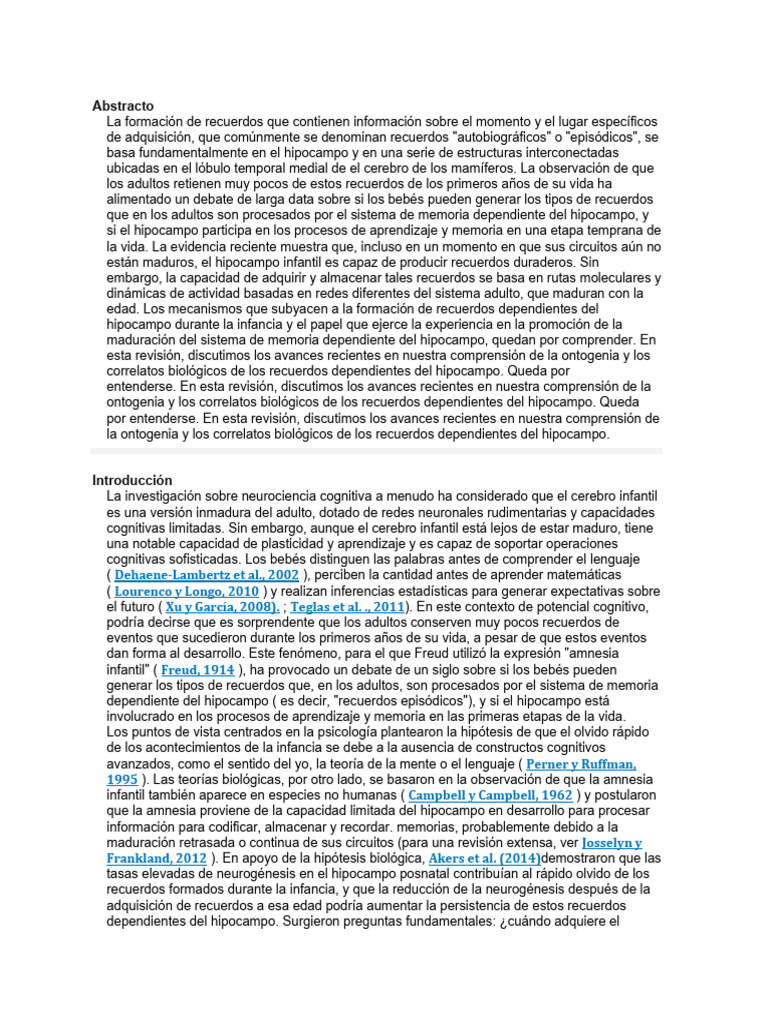Recuerdos episódicos en la infancia: neurociencia | PDF | Hipocampo ...