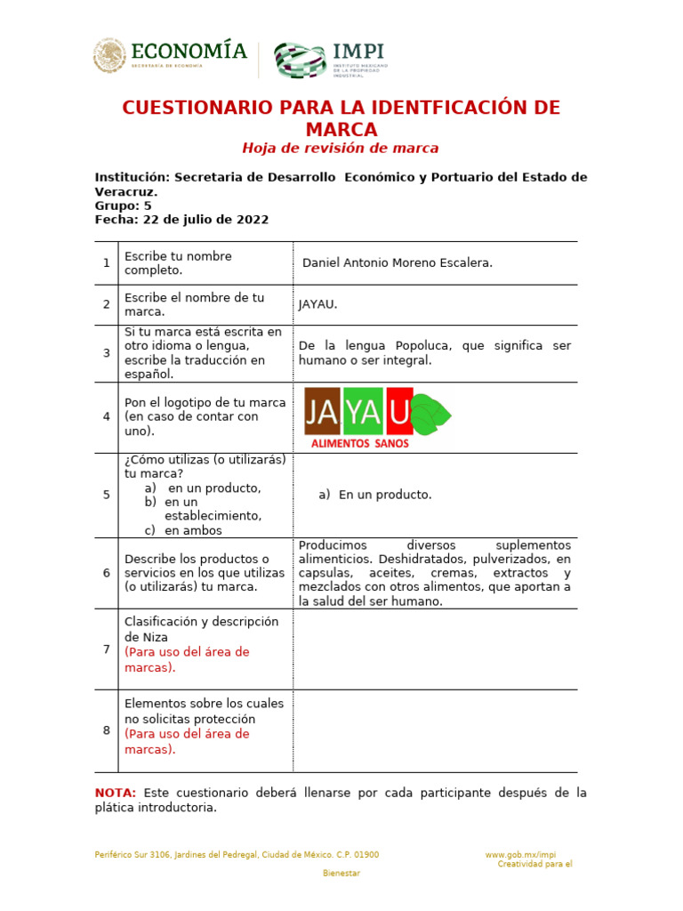 7 - Cuestionario para El Registro de Marca Jayau | PDF