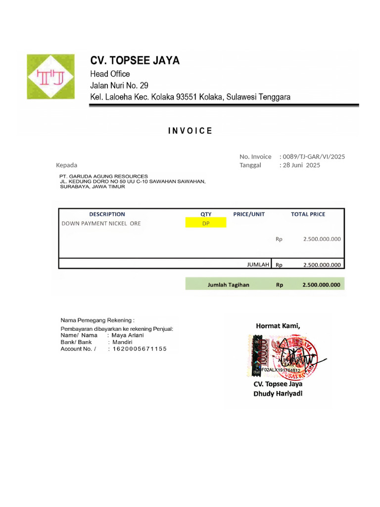 Invoice Pt. Gar - TJ 2025 | PDF