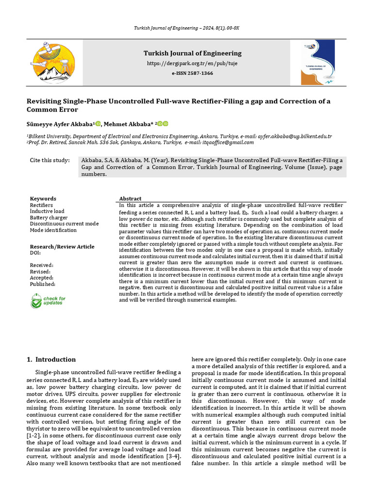 Revisiting Single-Phase Uncontrolled Full-Wave Rectifier-Filing A Gap and Correction of A Common ...