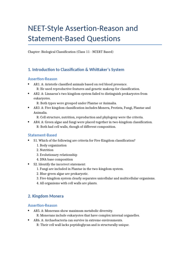 Biological Classification Question Bank | PDF | Cell (Biology) | Fungus