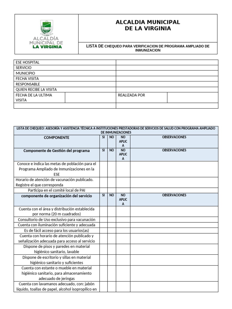 Lista de Chequeo Pai | PDF | Lavado de manos | Refrigerador