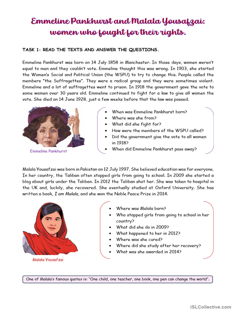 Reading & Writing - Emmeline Pankhurst and Malala Yousafzai | PDF | Malala Yousafzai | Emmeline ...