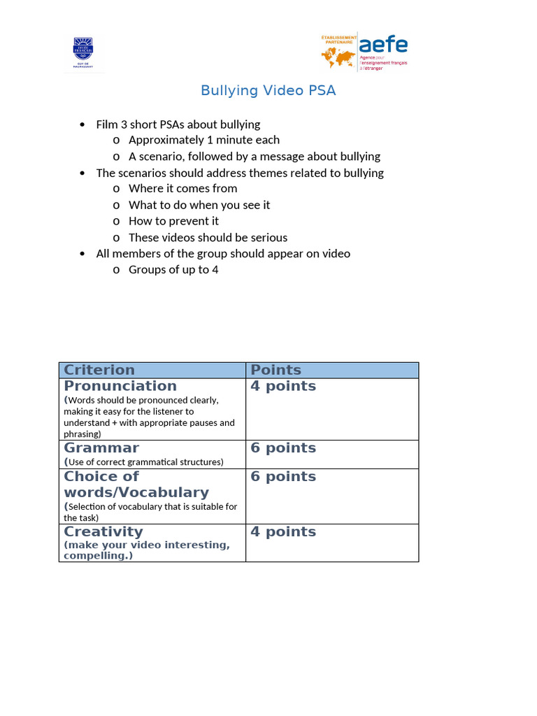 Bullying PSA Video Project Guidelines | PDF