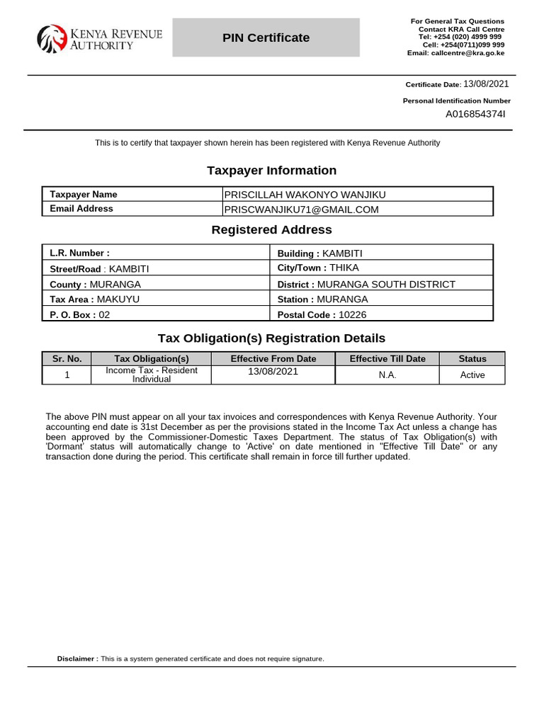 Irene Kra Pin Certificate | PDF | Taxes | Payments