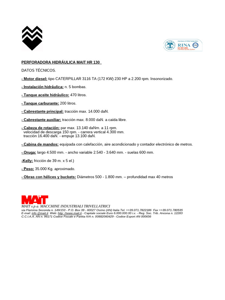 Especificaciones MAIT HR-130 | PDF