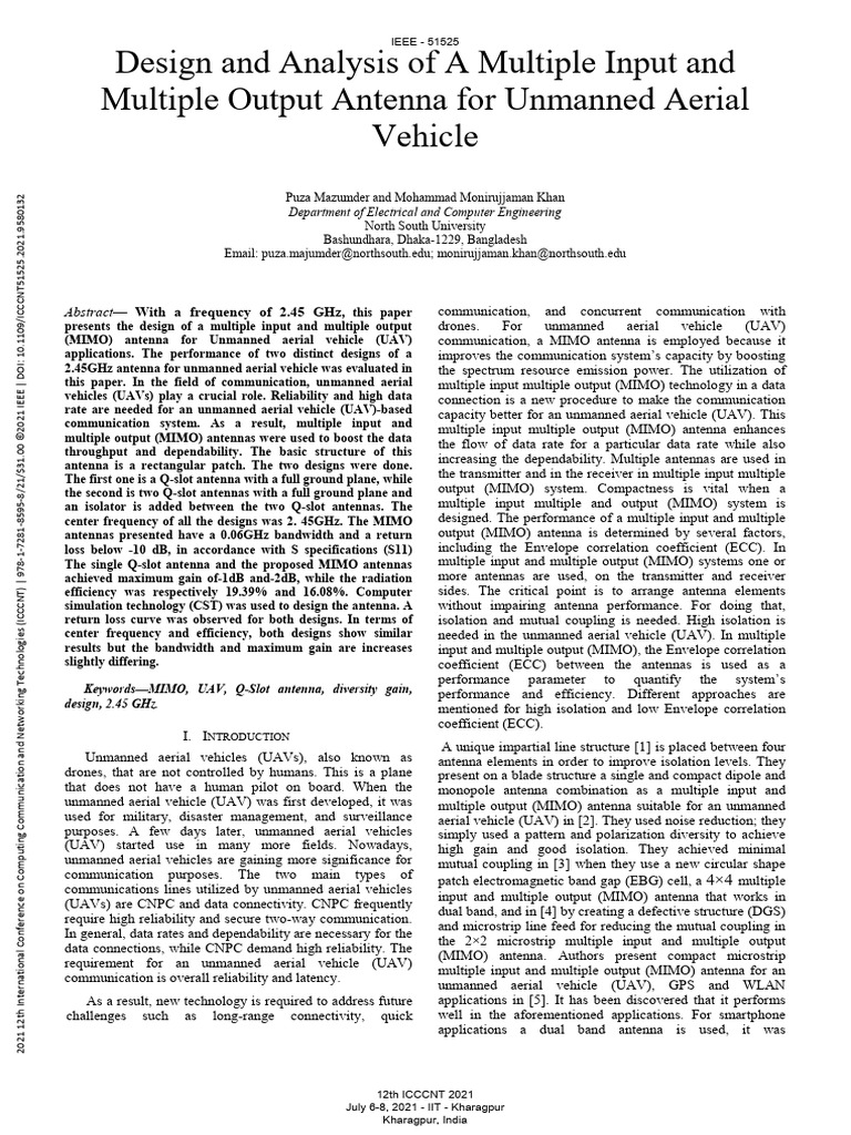 Design and Analysis of A Multiple Input and Multiple Output Antenna For Unmanned Aerial Vehicle ...