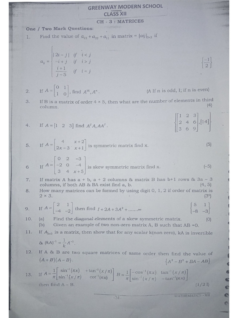 Matrices and Determinants School | PDF