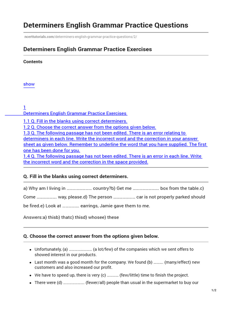 Determiners English Grammar Practice Questions | PDF