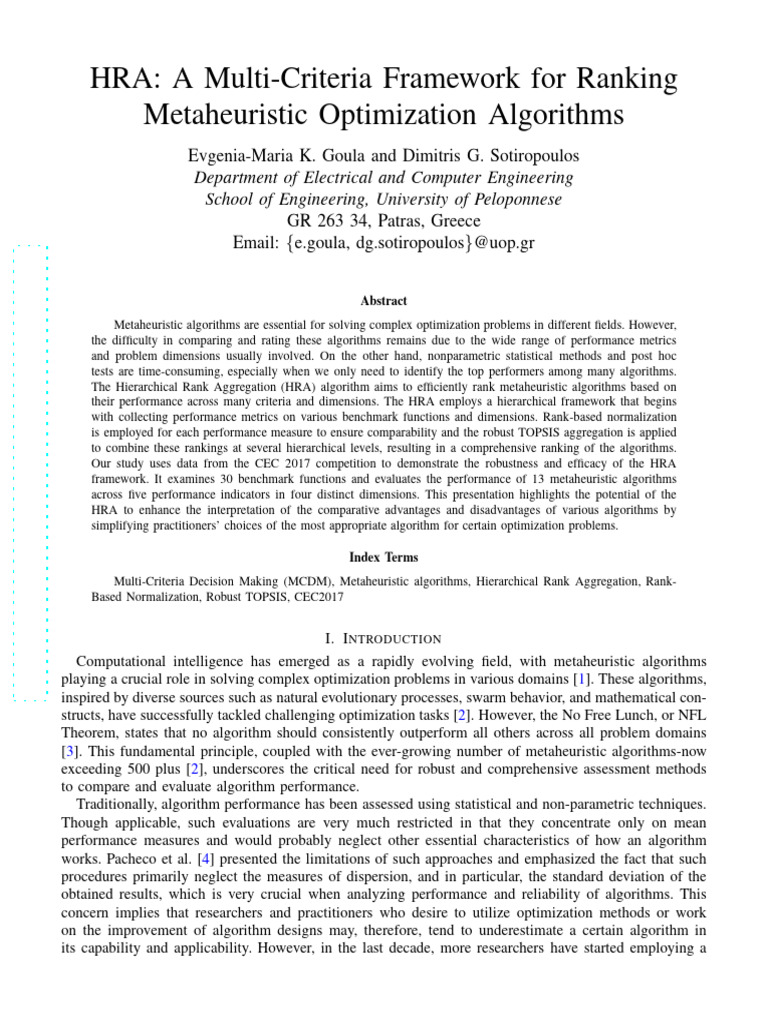 HRA: A Multi-Criteria Framework For Ranking Metaheuristic Optimization Algorithms | PDF | Matrix ...
