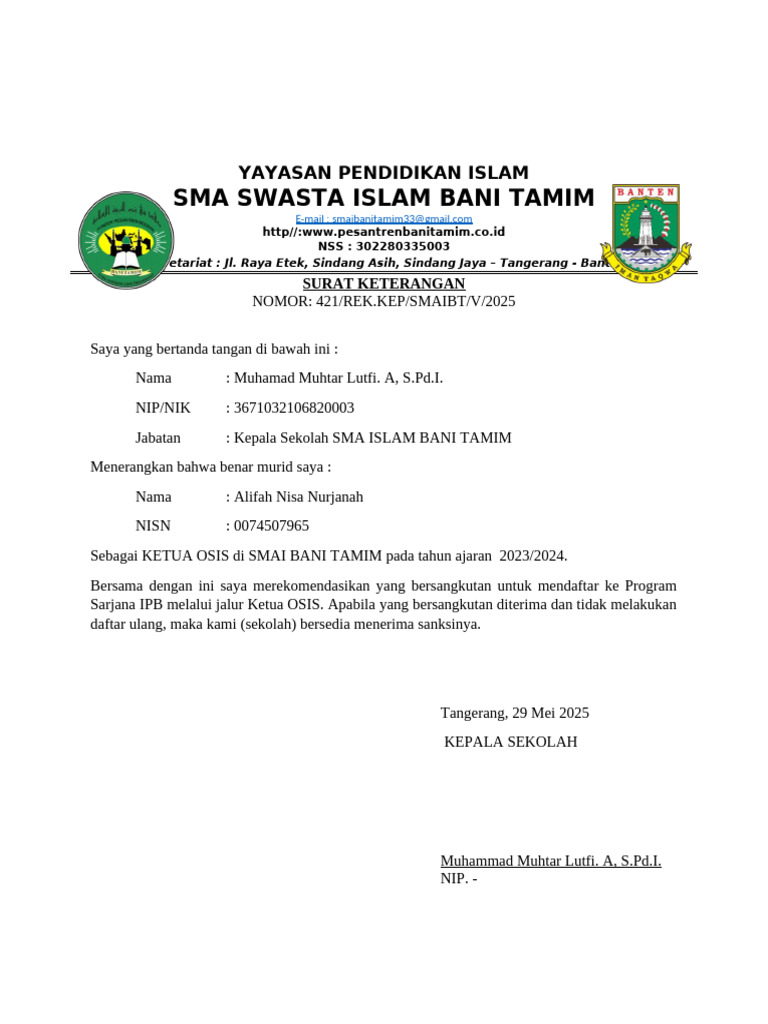 Surat Keterangan Kepala Sekolah Osis IPB | PDF