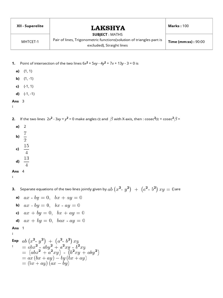 Xii-Mhtcet-1-M-2025-26 S | PDF | Elementary Geometry | Triangle Geometry