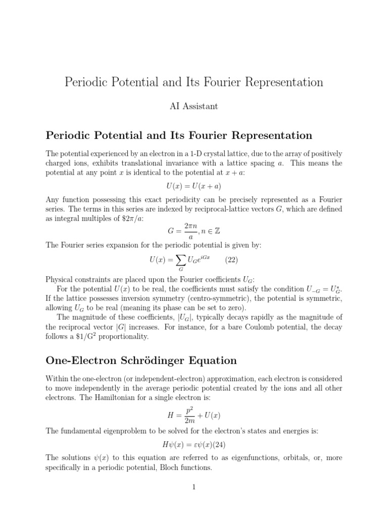 Periodic Potential and Its Fourier Presentation, Bloch Theorem, Kroning Penny Model and Their ...